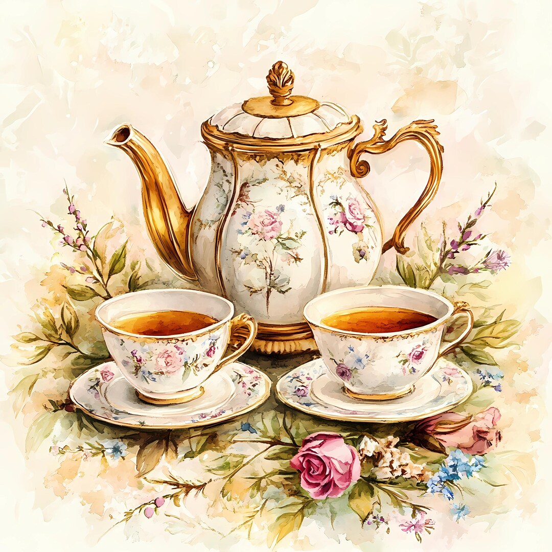 8 Vintage Tea Set Clipart, Floral Tea Set, Printable Watercolor Clipart ...