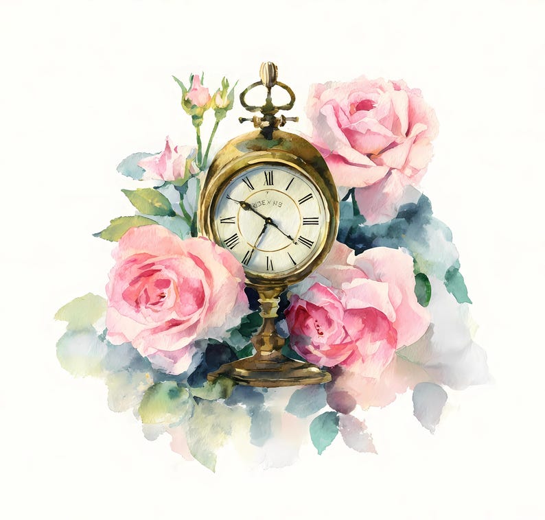 Vintage Rose Clock Watercolor Print Bundle PNG JPG Files - Etsy