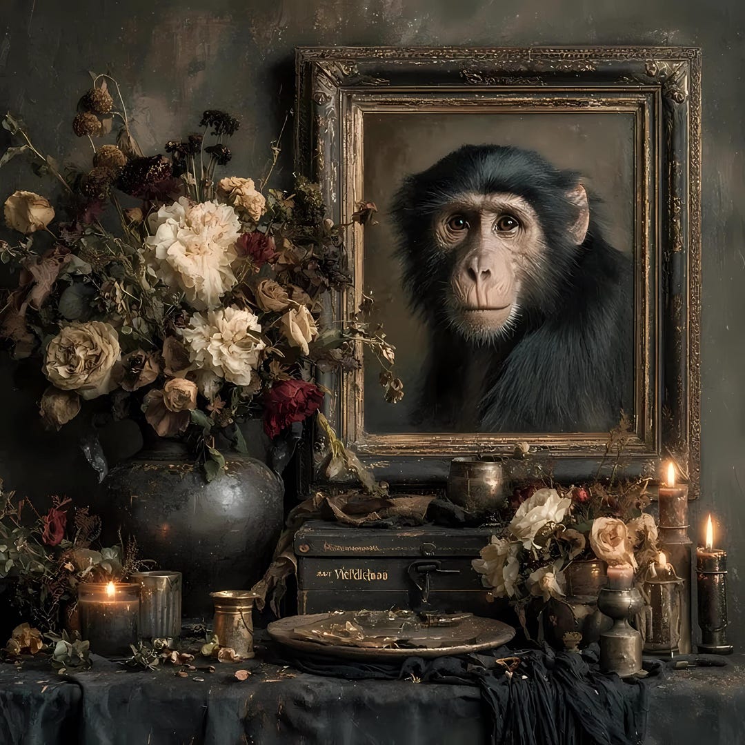 Victorian Monkey Portrait Dark Baroque Floral Still Life Art Bundle ...