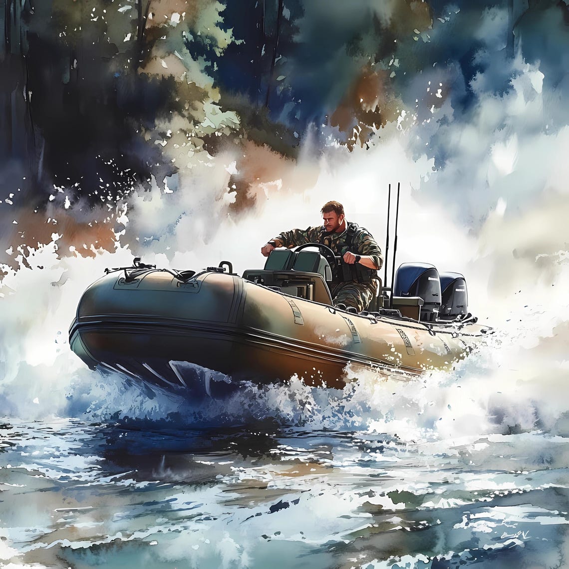 Military Inflatable Boat Watercolor Clipart, Combat Rib Speedboat PNG ...