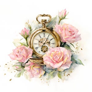 Vintage Rose Clock Watercolor Print Bundle PNG JPG Files - Etsy