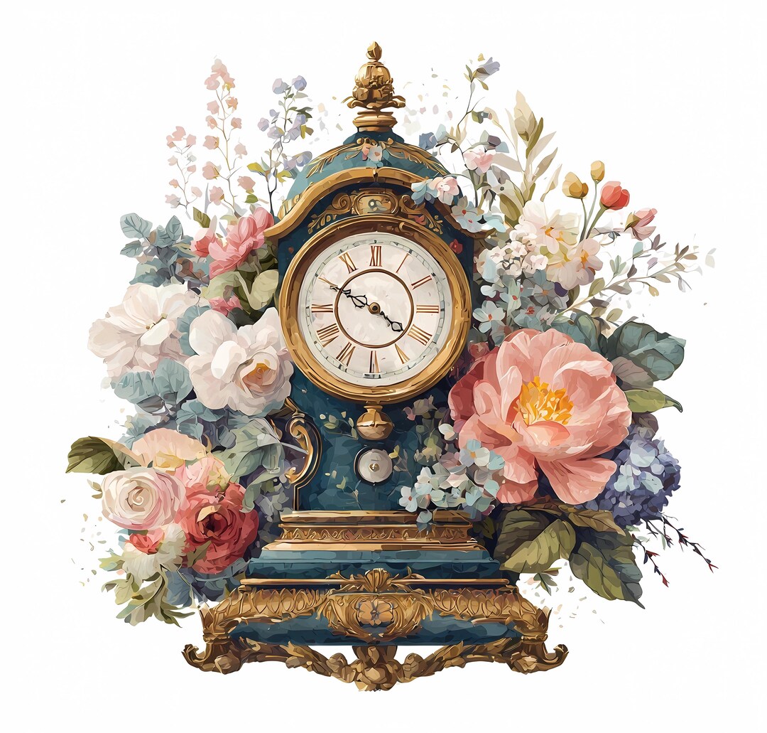 Vintage Floral Clock Wall Art Bundle Set of 12, Romantic Botanical ...