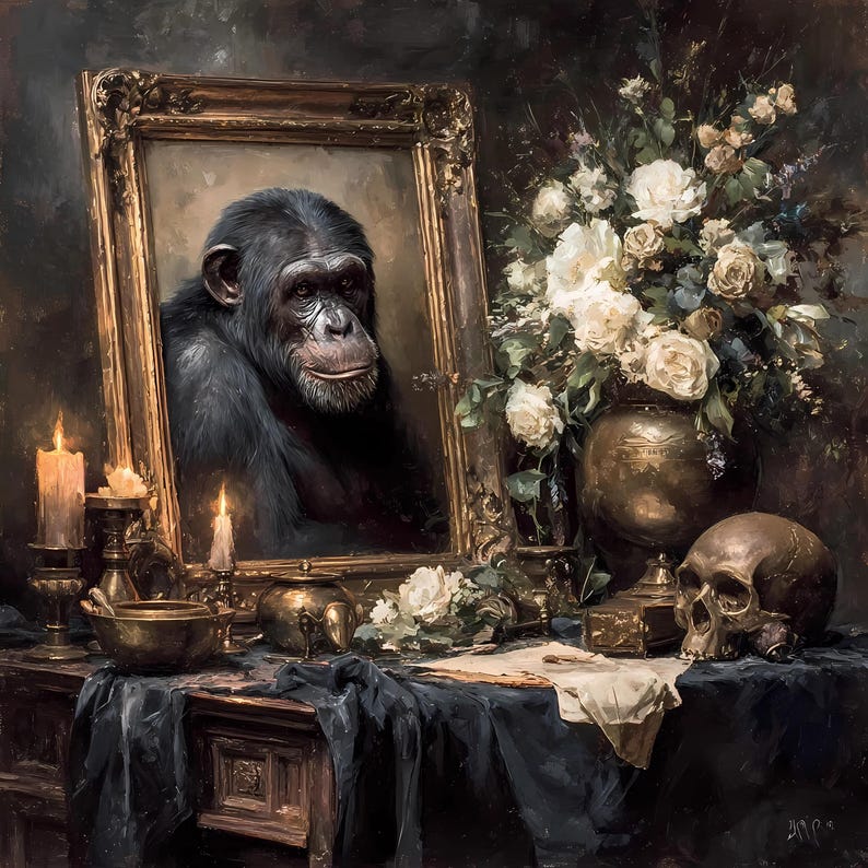 Victorian Monkey Portrait Dark Baroque Floral Still Life Art Bundle ...