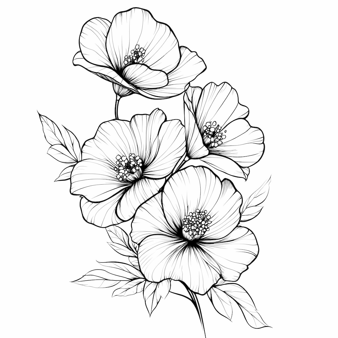 Floral Stem Clipart Bundle, Black and White Flower Line Art, Floral ...