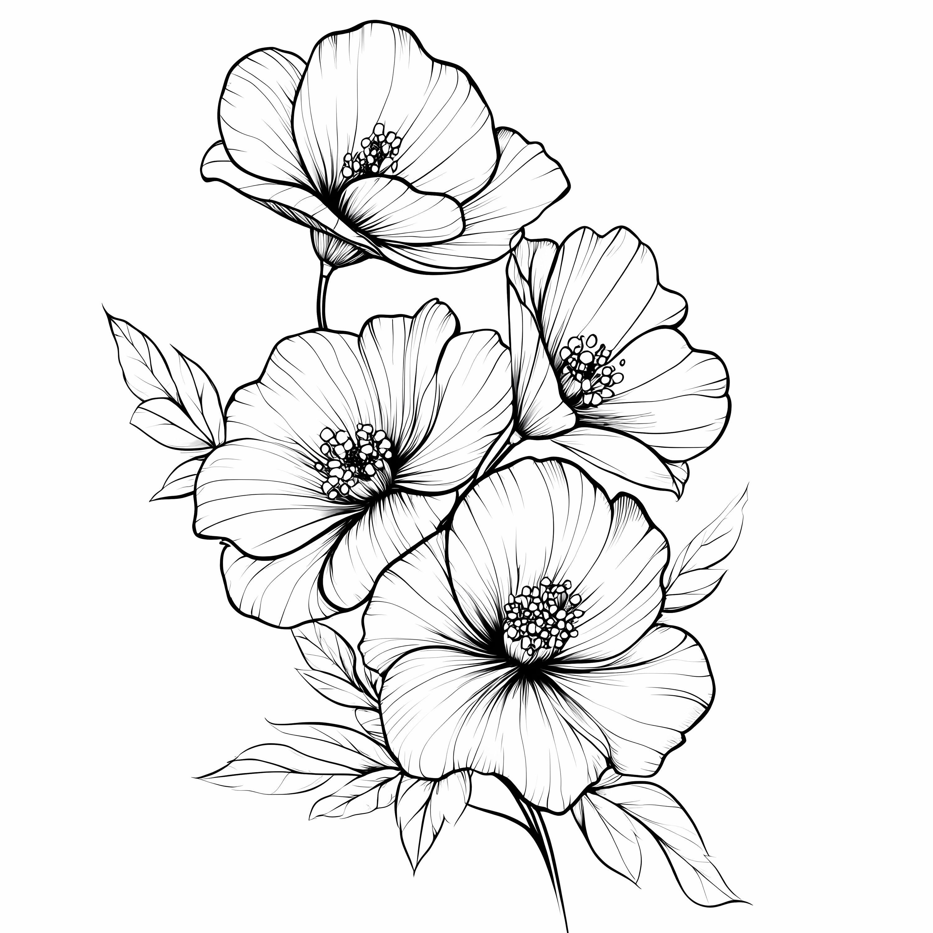 Floral Stem Clipart Bundle, Black and White Flower Line Art, Floral ...