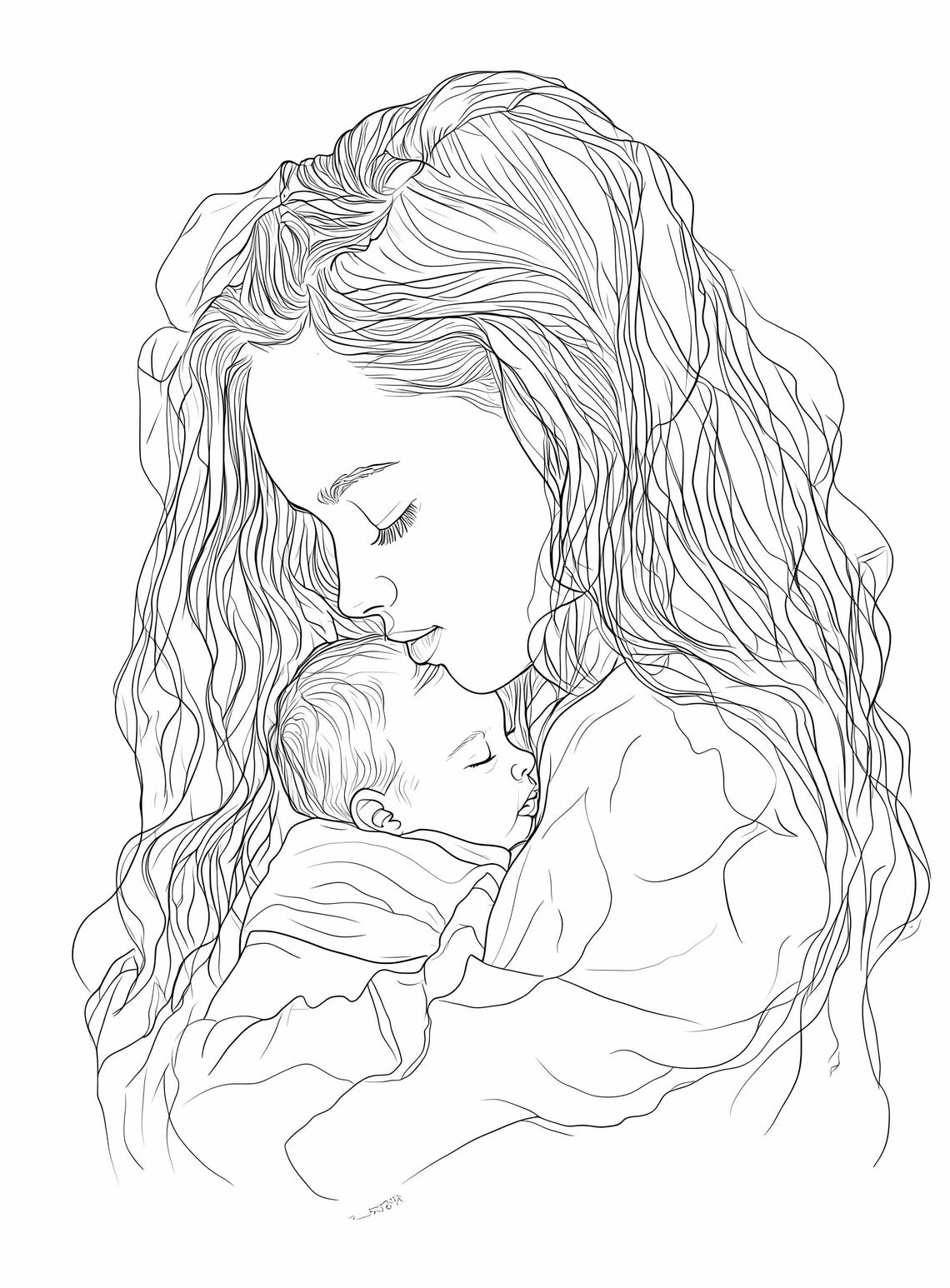 Mother and Baby Line Art Bundle – 8 Printable Mom Holding Baby Outlines ...