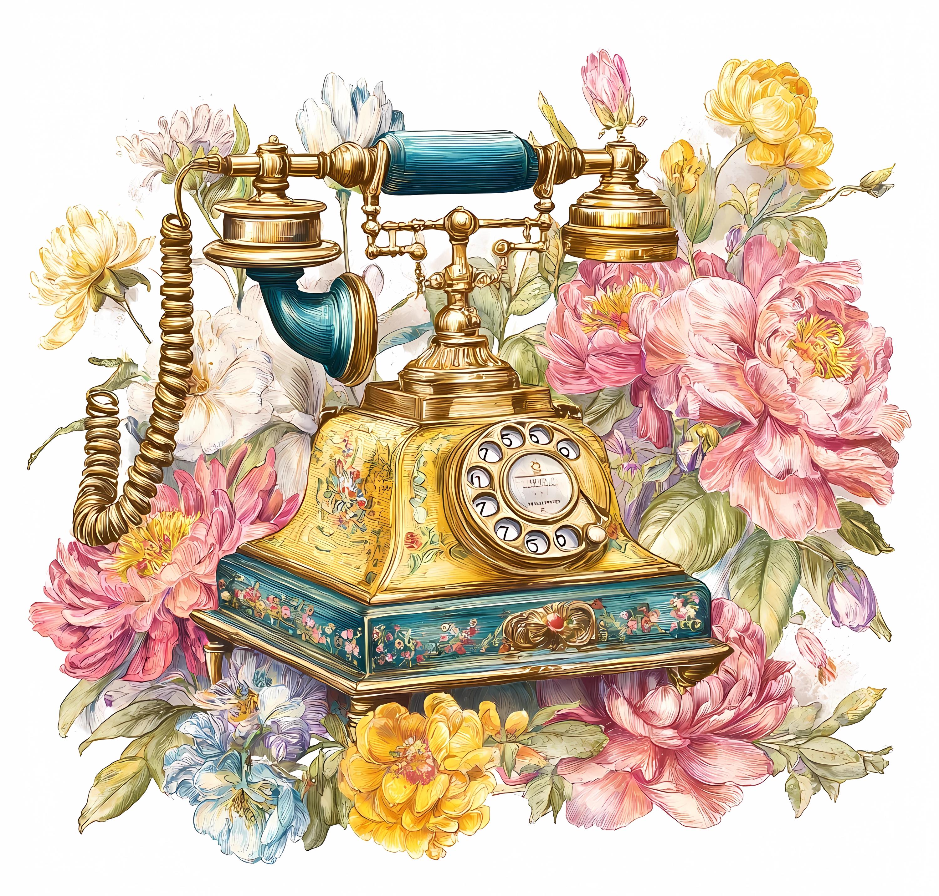 Vintage Telephone and Floral Clipart Bundle Set of 15, Retro Phone ...