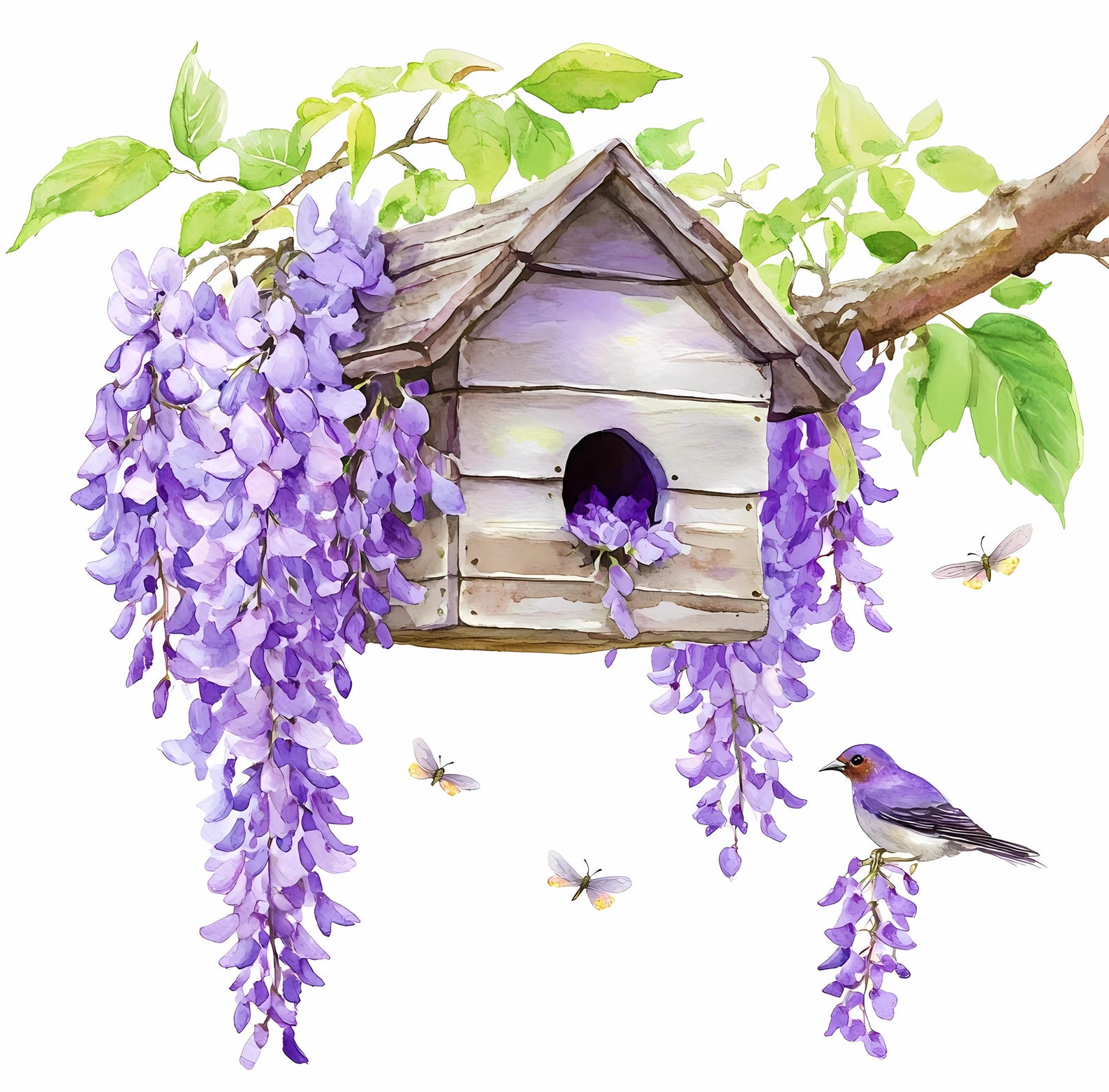 Birdhouse and Wisteria Clipart Bundle, 9 Purple Floral Watercolor PNG ...