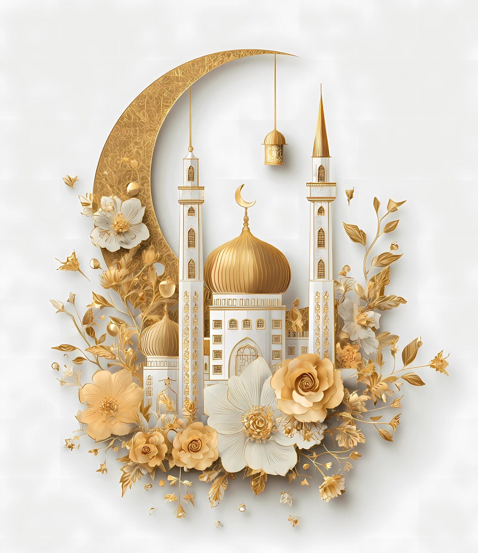 Golden Mosque Eid Clipart Set: Crescent Moon & Floral Decor (PNG JPG ...