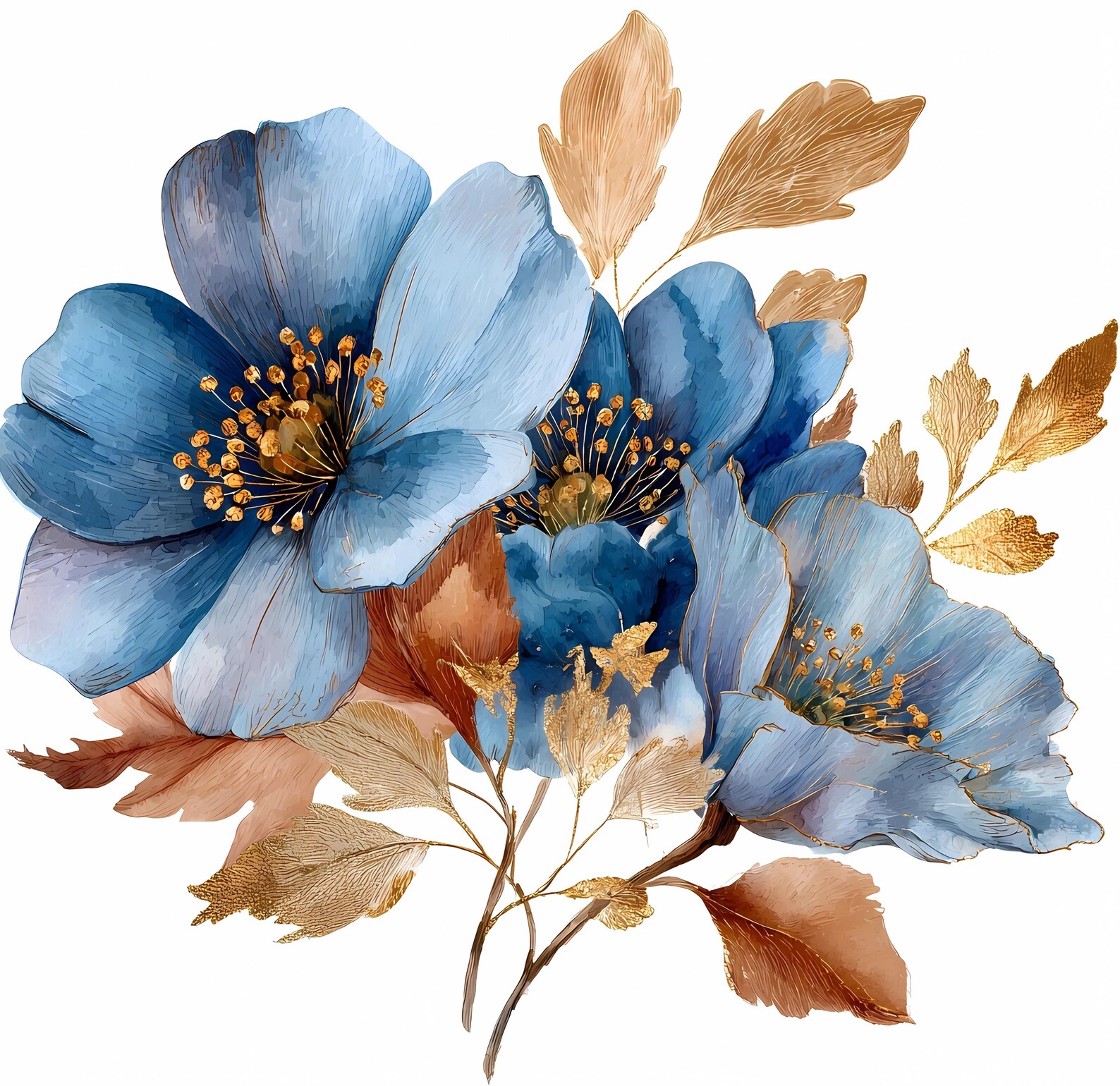 Blue and Gold Watercolor Flowers Clipart: Elegant Floral PNG JPG Bundle ...