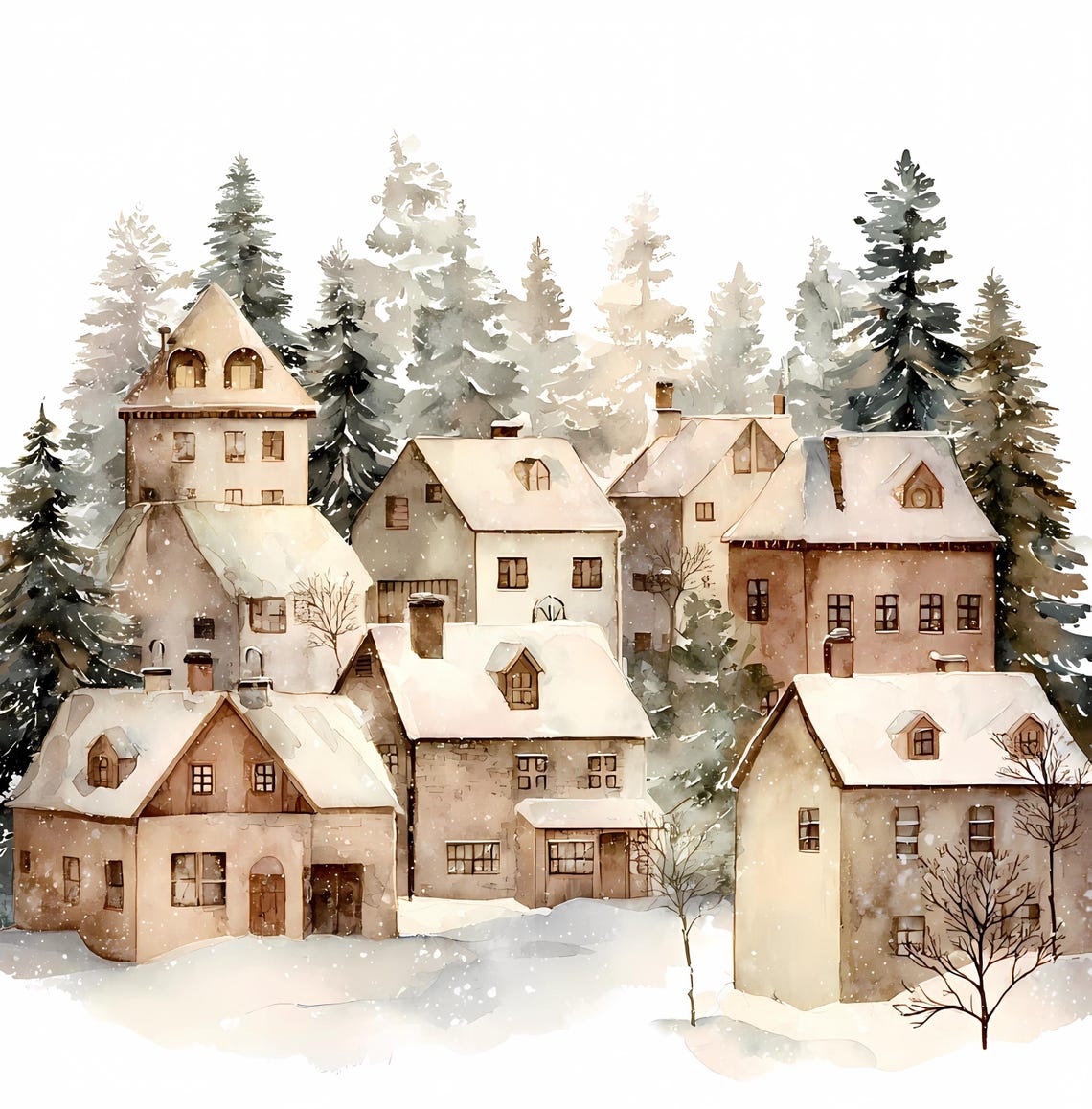 Winter Village Watercolor Print Set, Rustic Snowy Cottages, Nordic ...
