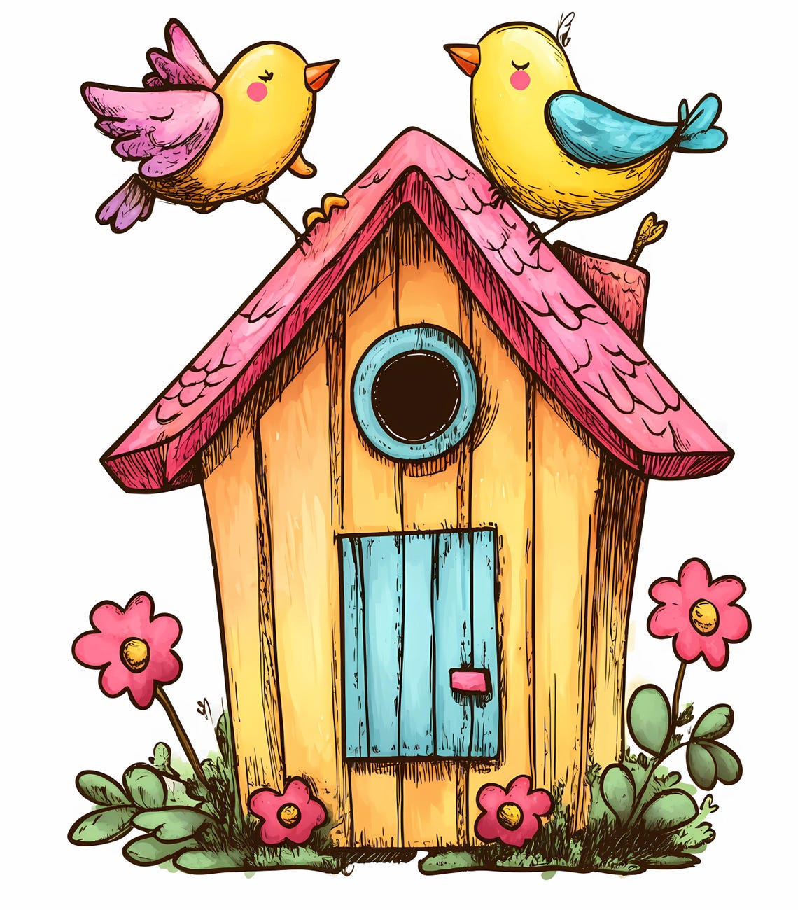8 Cartoon Easter Bird House Clipart Bundle, Spring Floral Birdhouse PNG ...