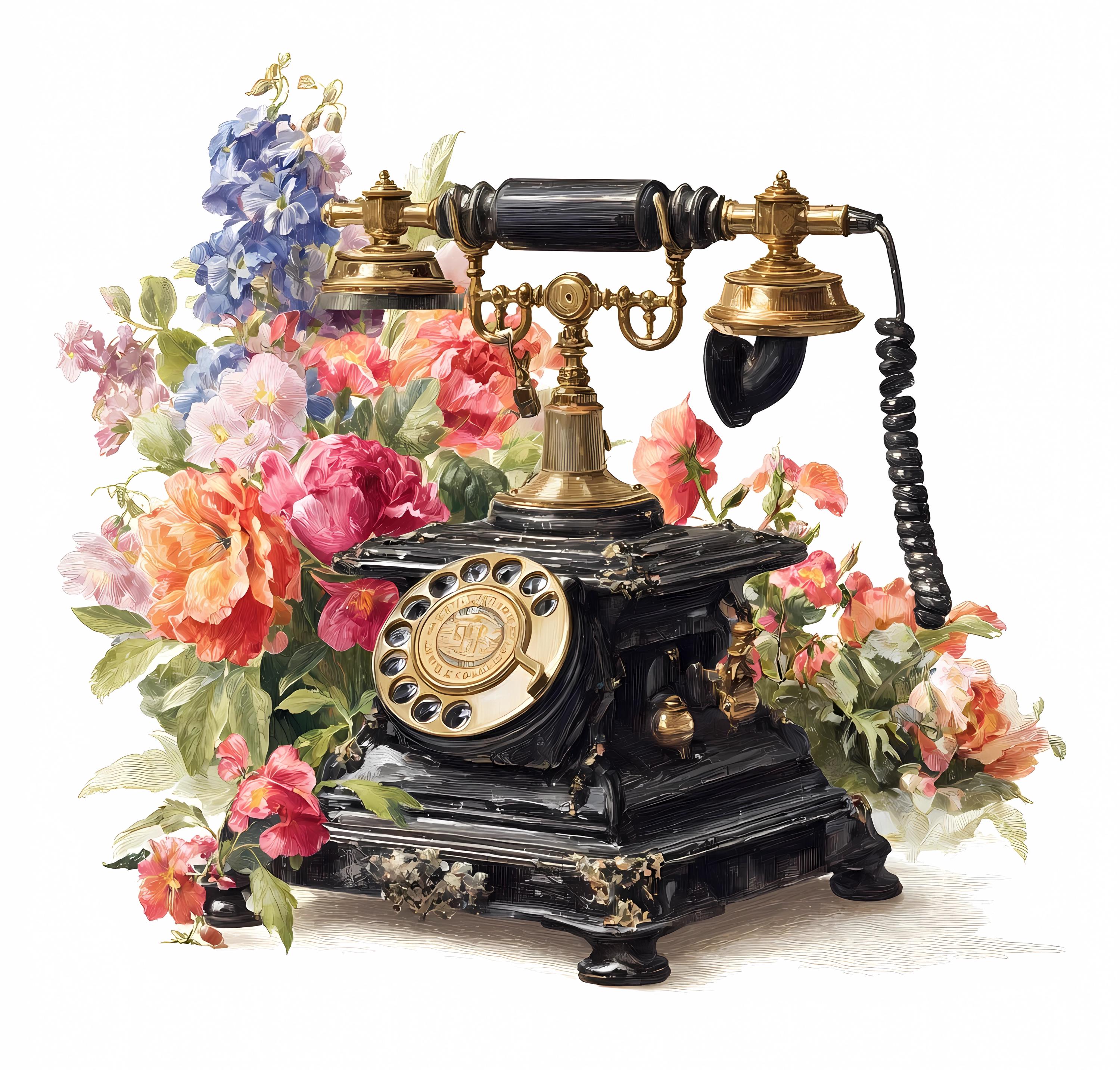Vintage Telephone and Floral Clipart Bundle Set of 15, Retro Phone ...