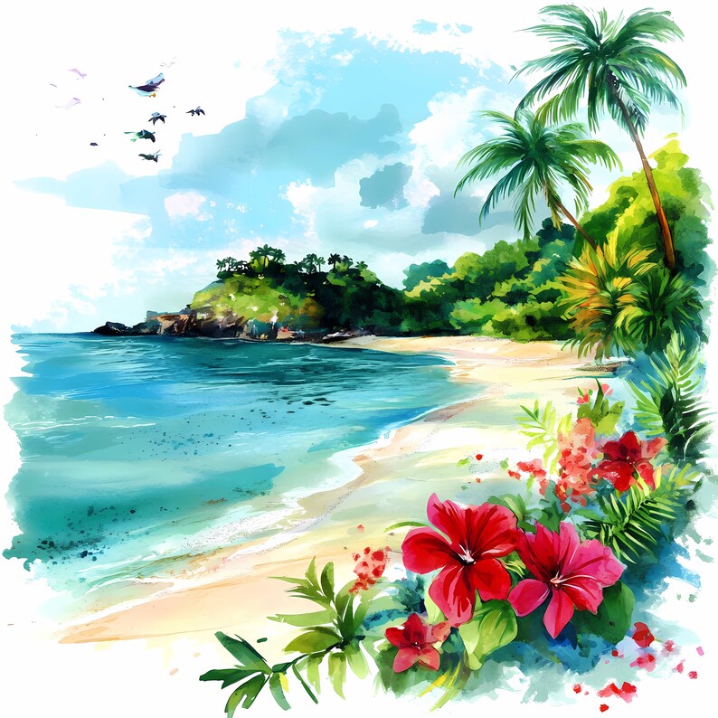 Watercolor Hawaii Clipart: Tropical Island Beach Scene (PNG Digital ...