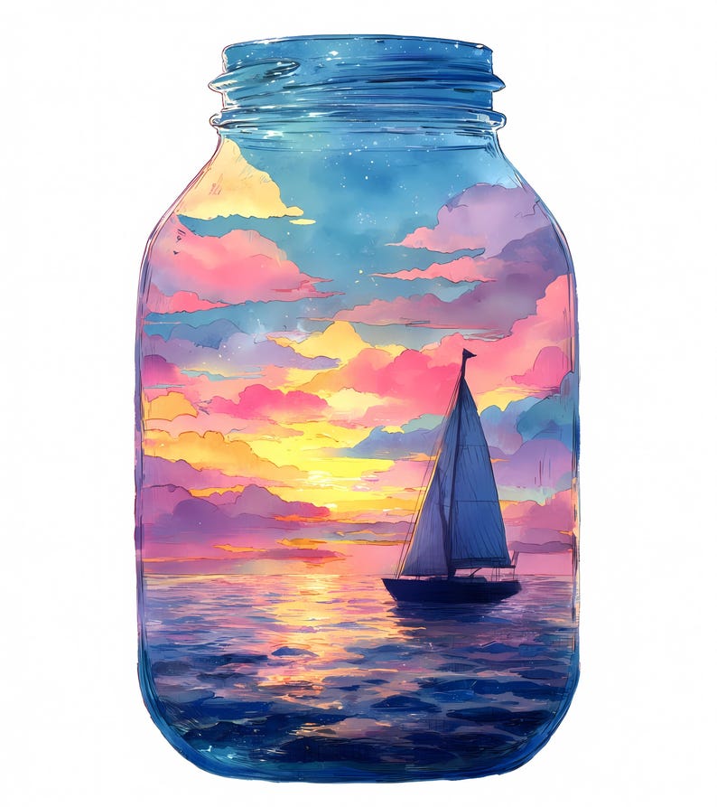 Watercolor Sailboat Jar Art: Nautical Sunset Print Bundle (PNG JPG) - Etsy