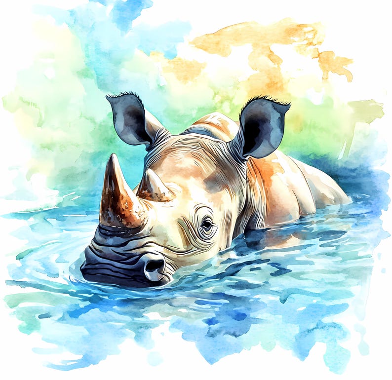 Watercolor Rhino Clipart Bundle, Rhinoceros Water Art PNG Set, Safari ...