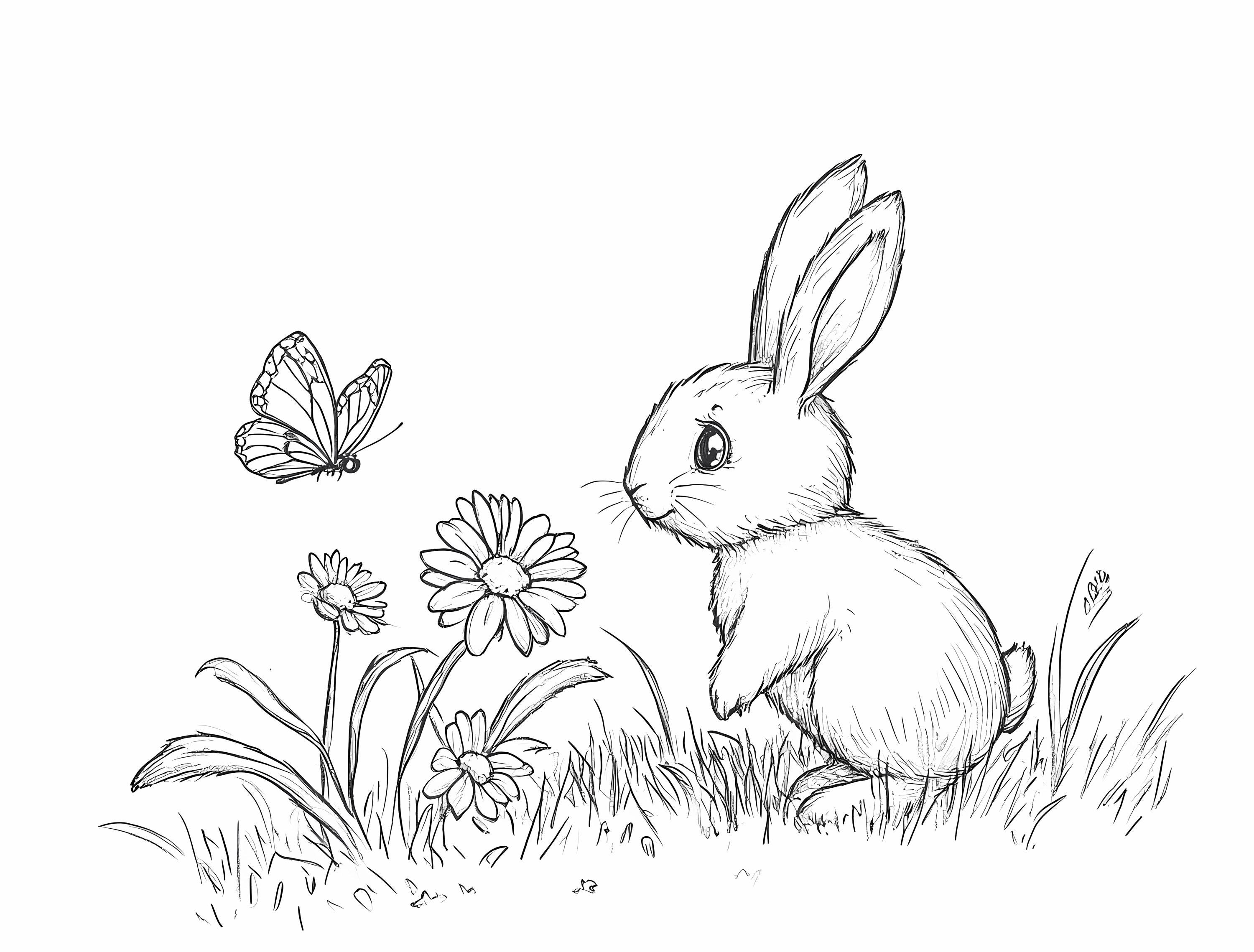 Bunny Rabbit Coloring Pages: Spring Flowers, Easter Pngs (digital ...