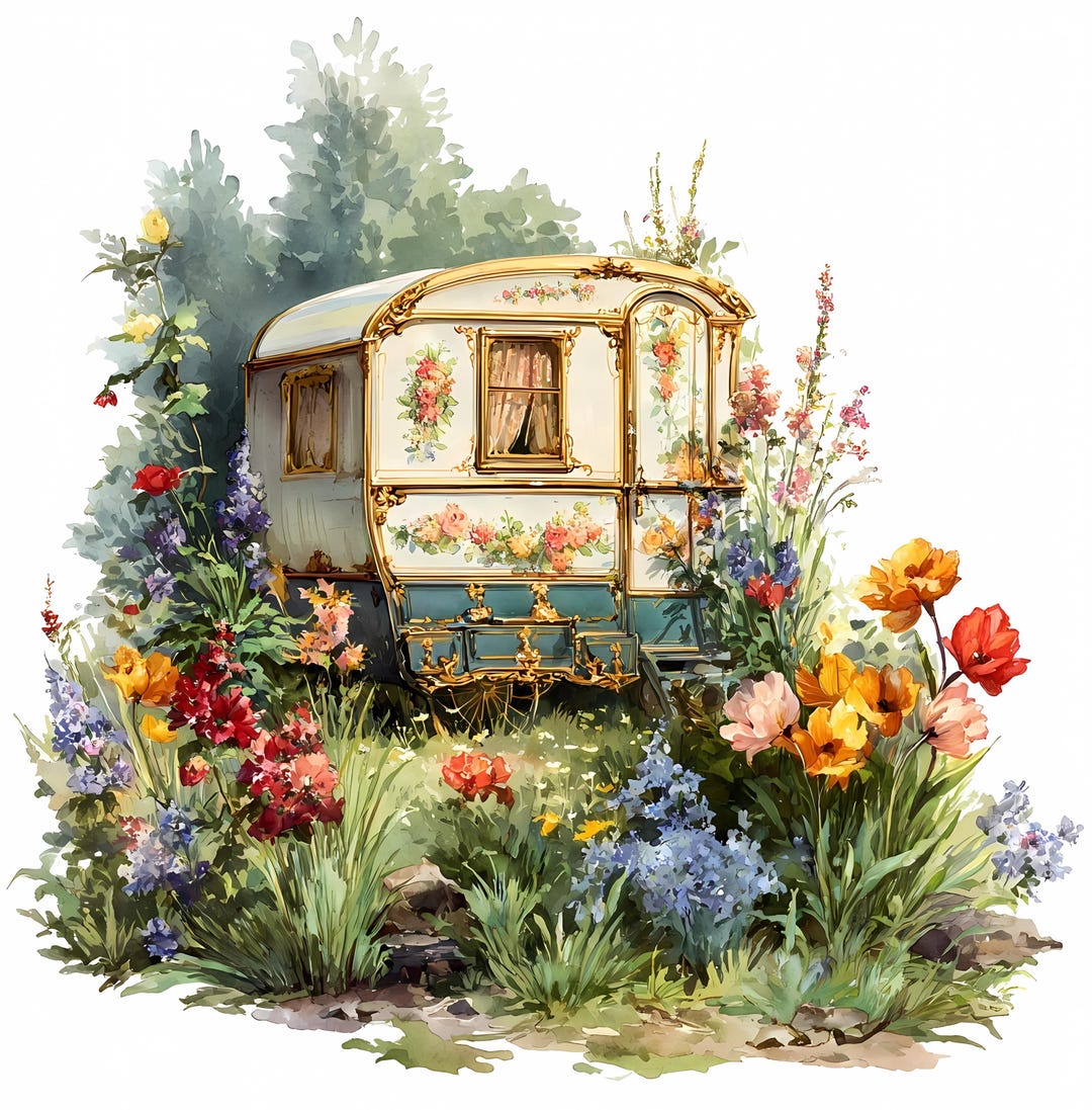 Retro Camper Watercolor Clipart Bundle: Floral Trailer Art (PNG, JPG ...