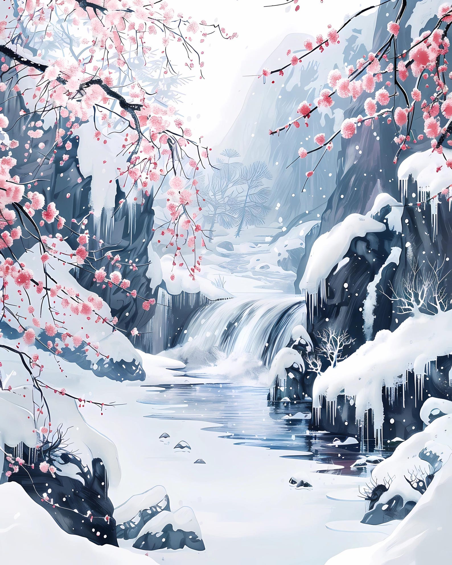 Winter Sakura Waterfall Art: Japanese Cherry Blossom Prints (PNG & JPG ...