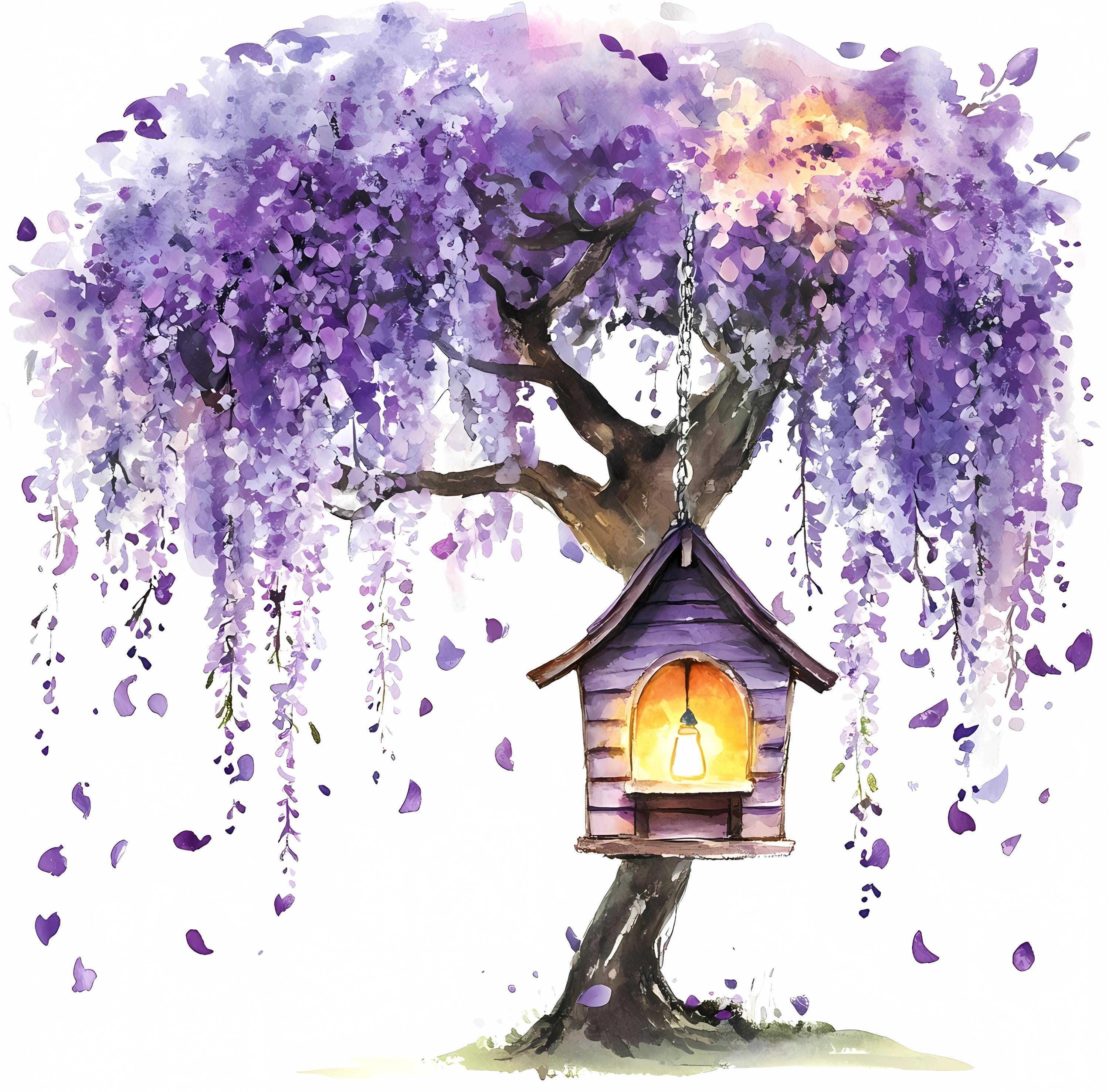 Birdhouse and Wisteria Clipart Bundle, 9 Purple Floral Watercolor PNG ...