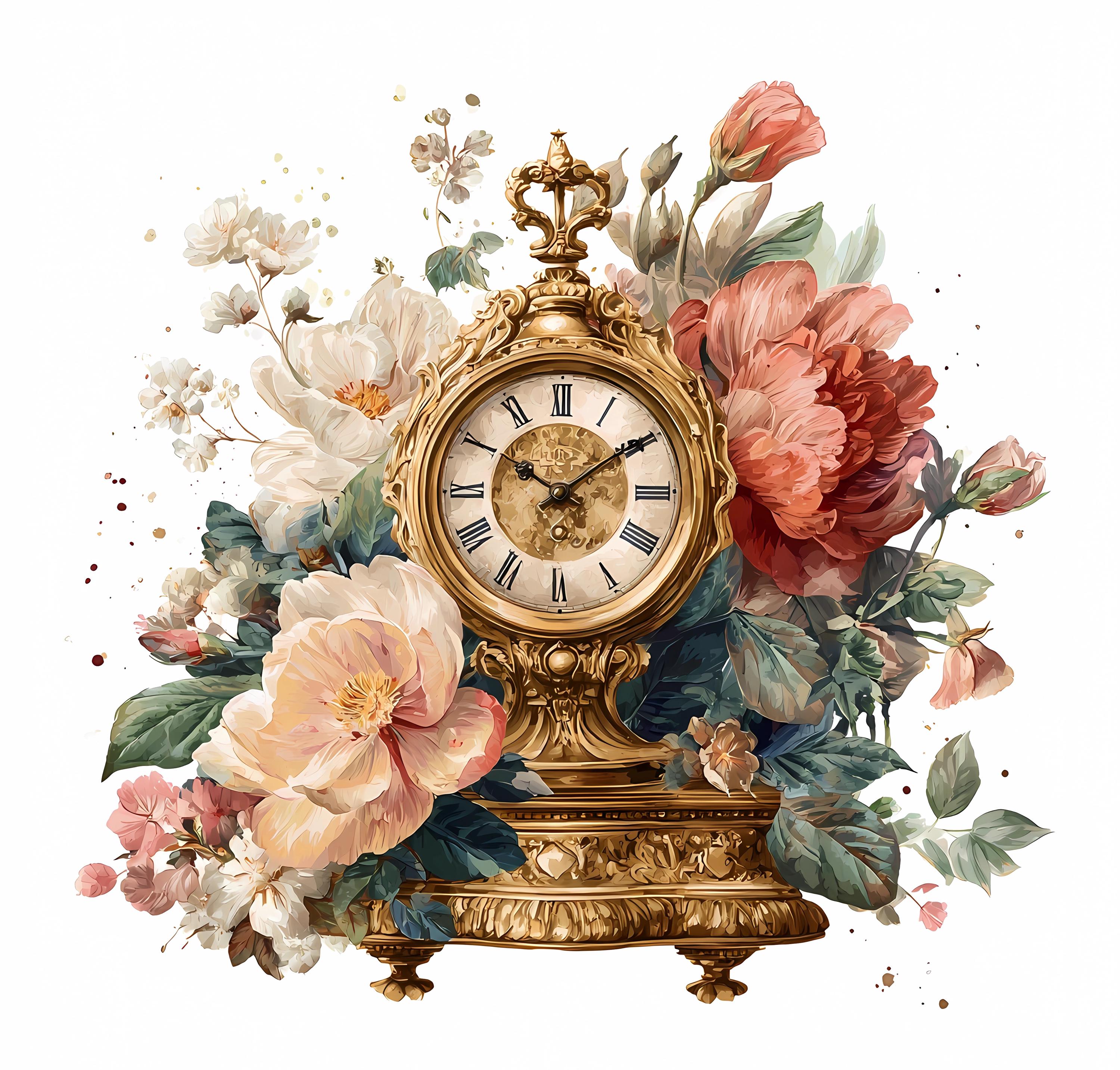 Vintage Floral Clock Wall Art Bundle Set of 12, Romantic Botanical ...