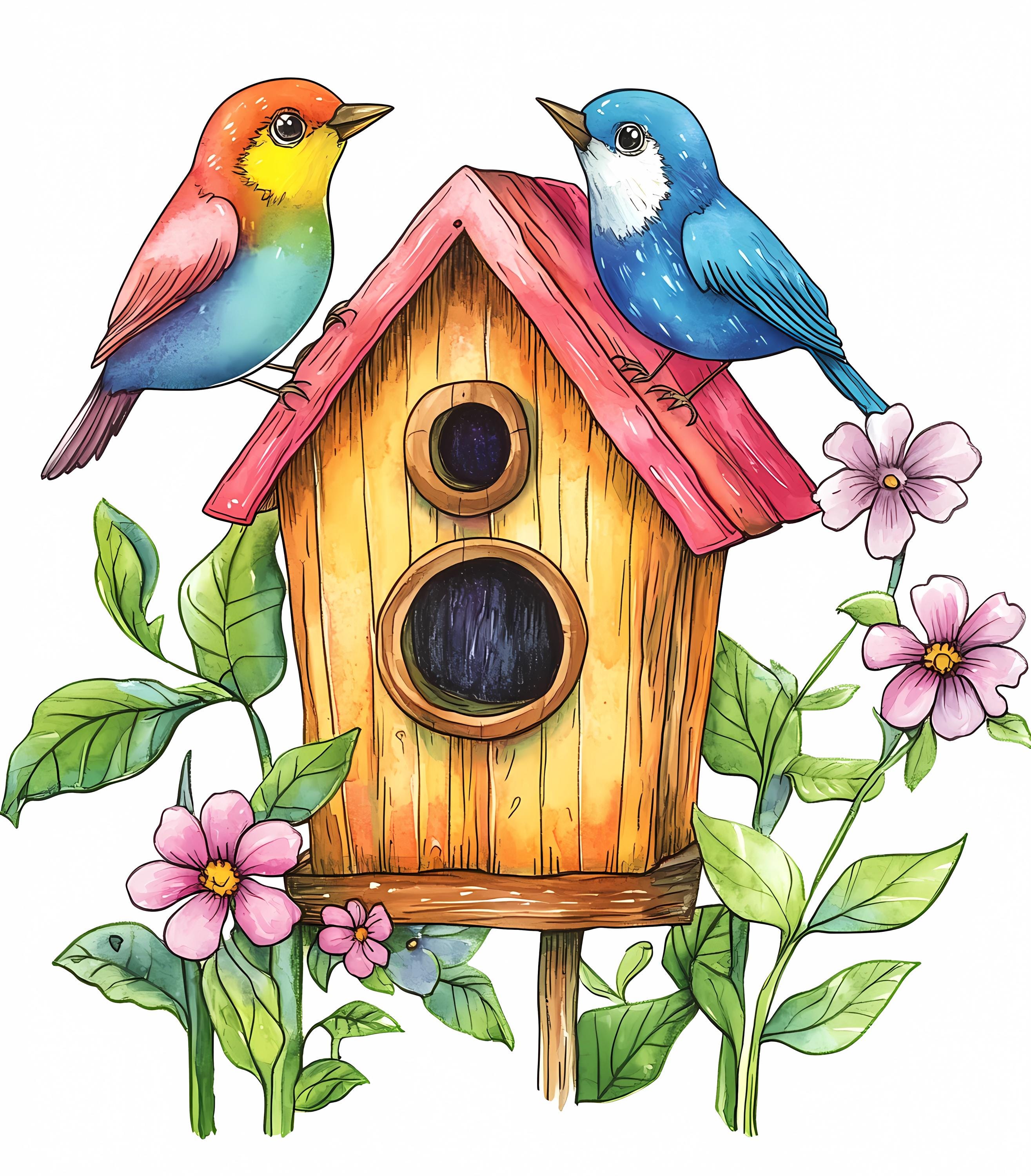 8 Cartoon Easter Bird House Clipart Bundle, Spring Floral Birdhouse PNG ...