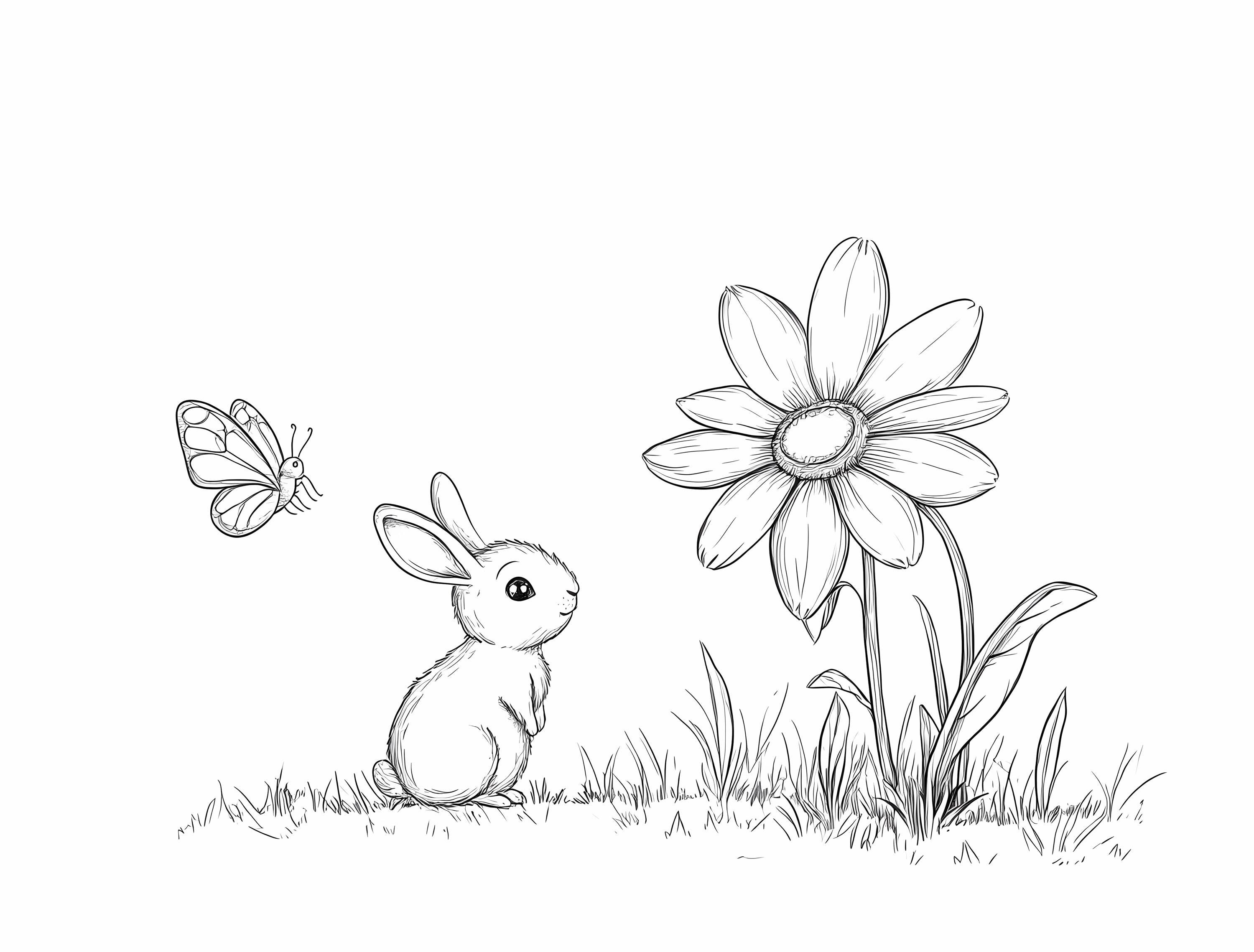 Bunny Rabbit Coloring Pages: Spring Flowers, Easter Pngs (digital ...