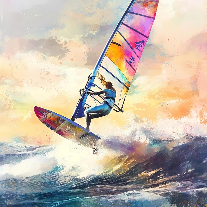 Windsurfing Watercolor Art Print Bundle, Colorful Windsurfer Girl at ...