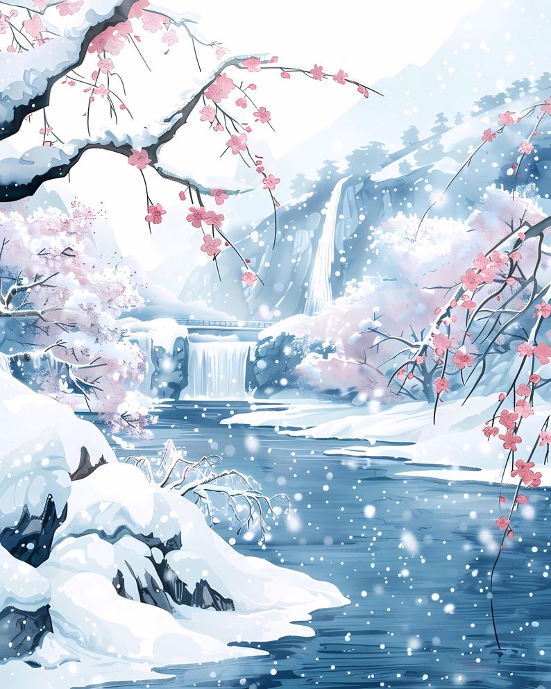 Winter Sakura Waterfall Art: Japanese Cherry Blossom Prints (PNG & JPG ...