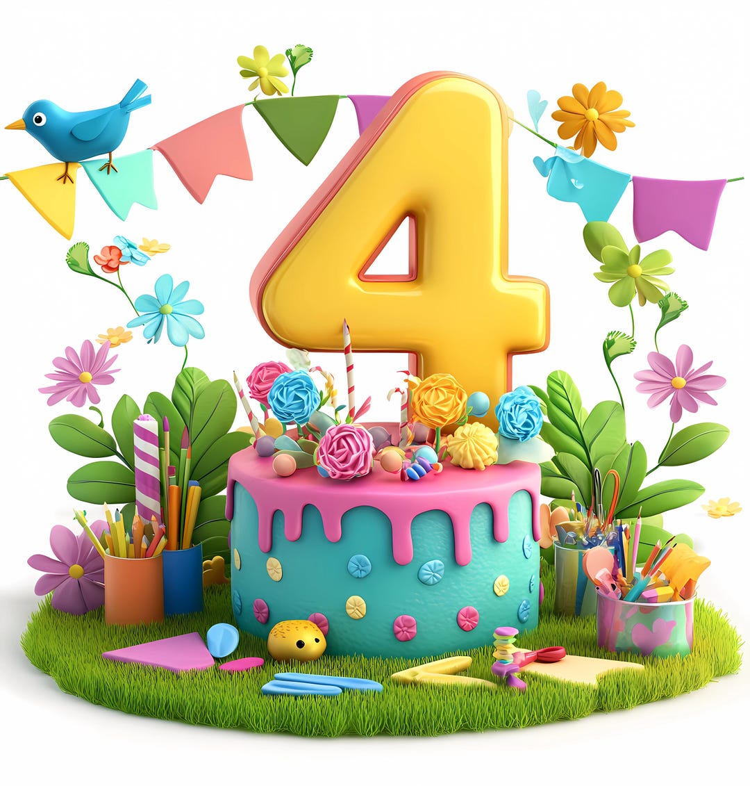 4th Birthday Cake Clipart Bundle Cartoon PNG Kids Party Decorations ...