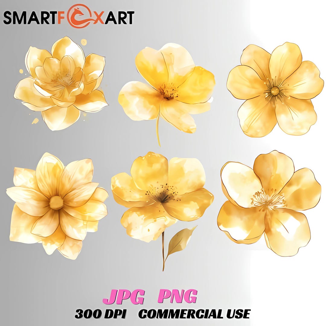 Golden Watercolor Flower Clipart Bundle: PNG & JPG Floral Set - Etsy