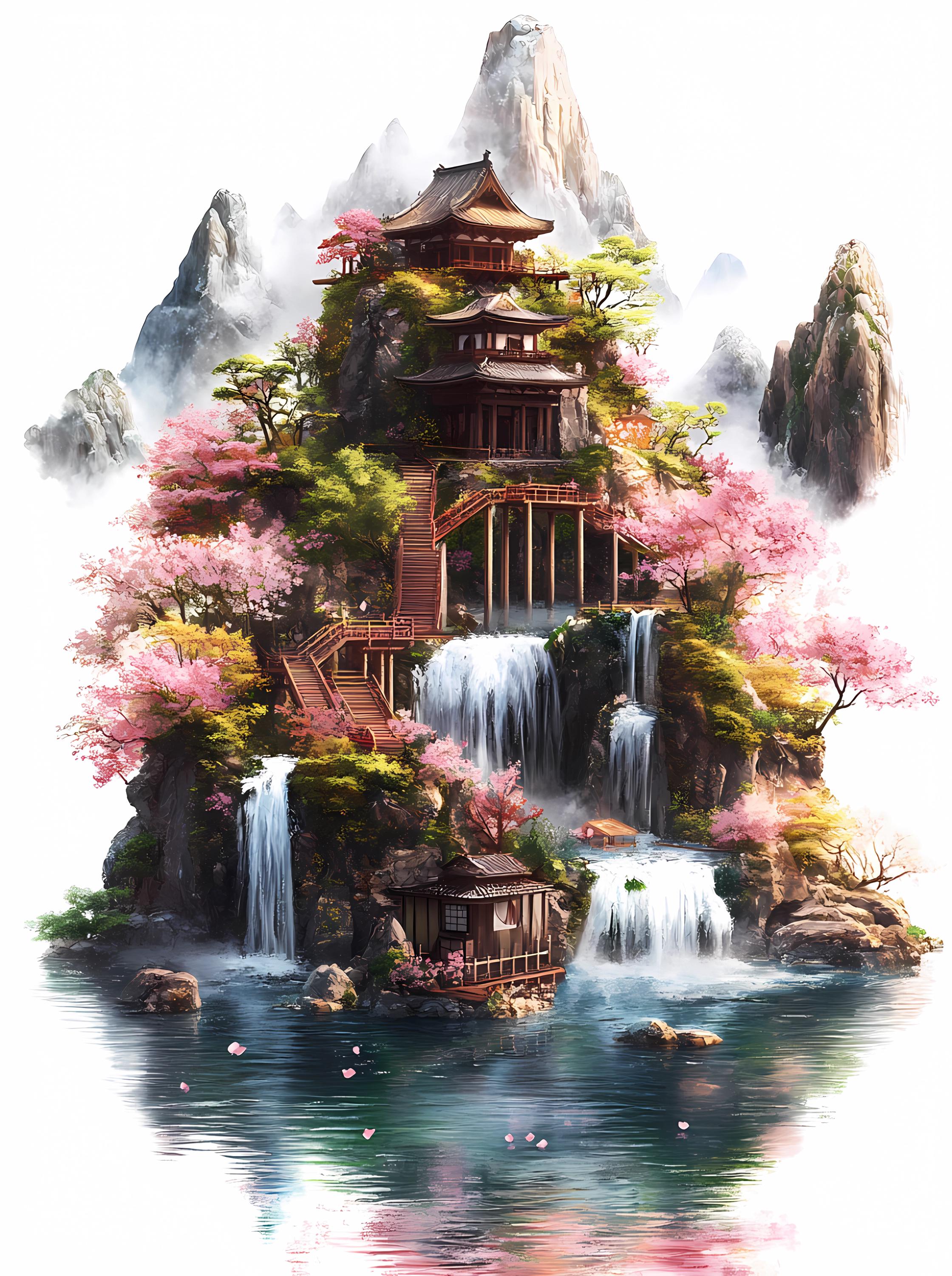 8 Japanese Landscape Clipart, Japanese Clipart, Asia Waterfall Mountain ...