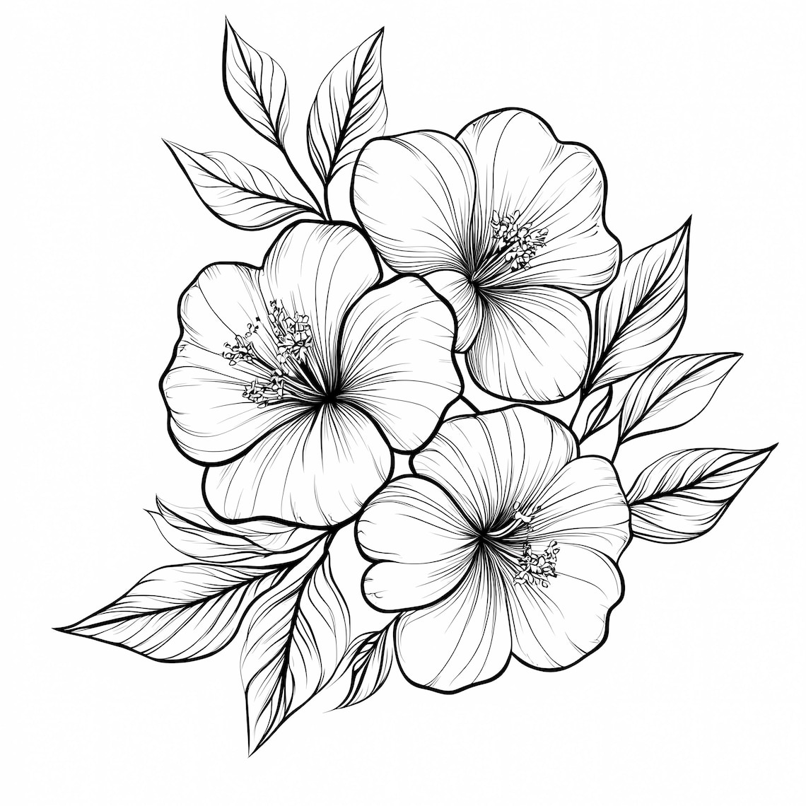 Floral Stem Clipart Bundle, Black and White Flower Line Art, Floral ...