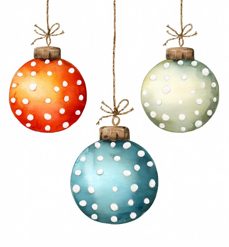Watercolor Christmas Ornaments Clipart Set of 12, Polka Dot Baubles PNG ...