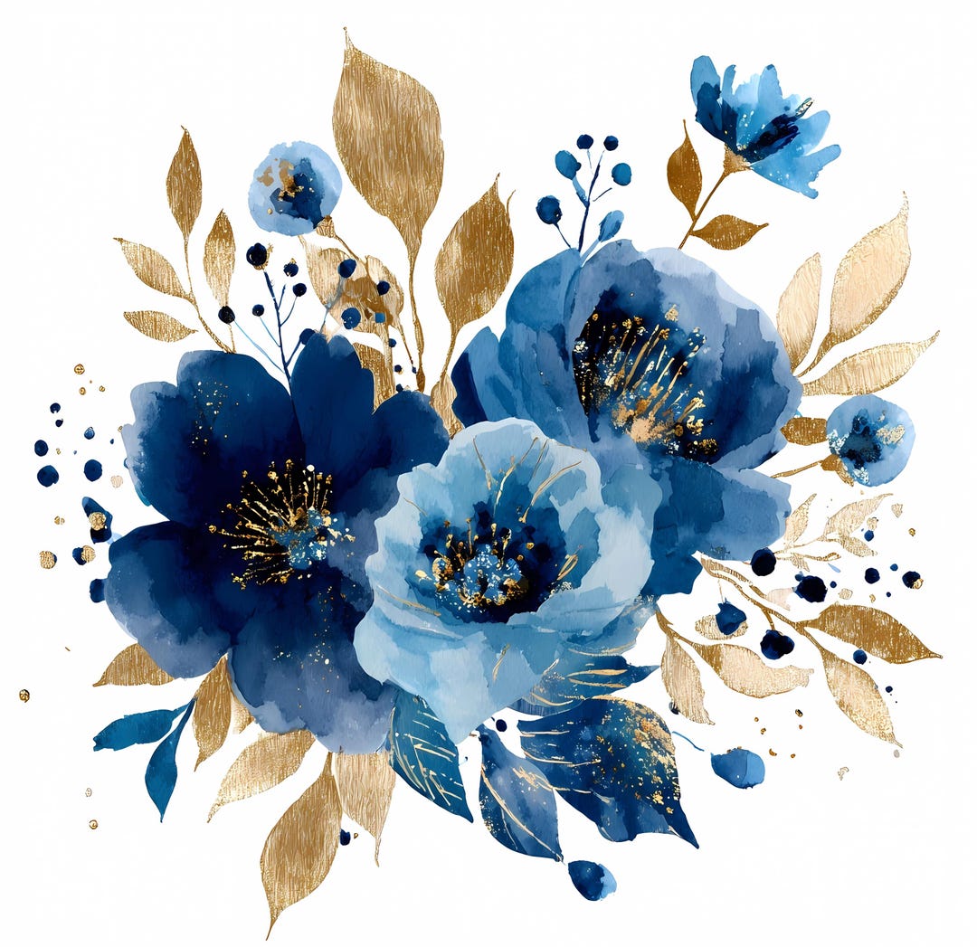 Blue and Gold Watercolor Flowers Clipart: Elegant Floral PNG JPG Bundle ...