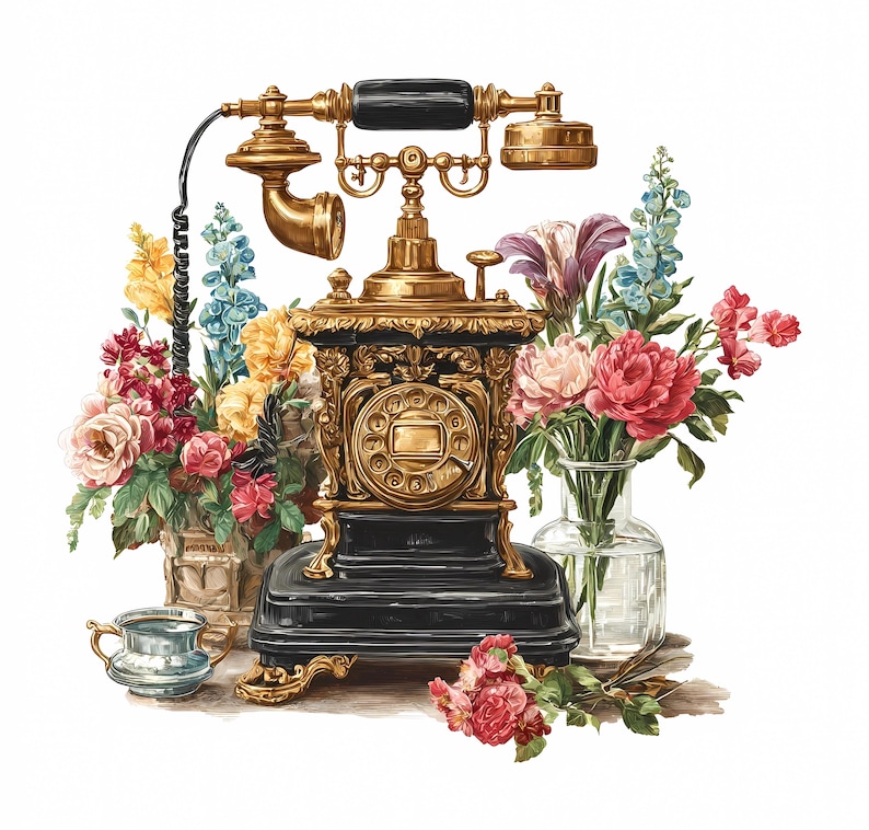 Vintage Telephone and Floral Clipart Bundle Set of 15, Retro Phone ...