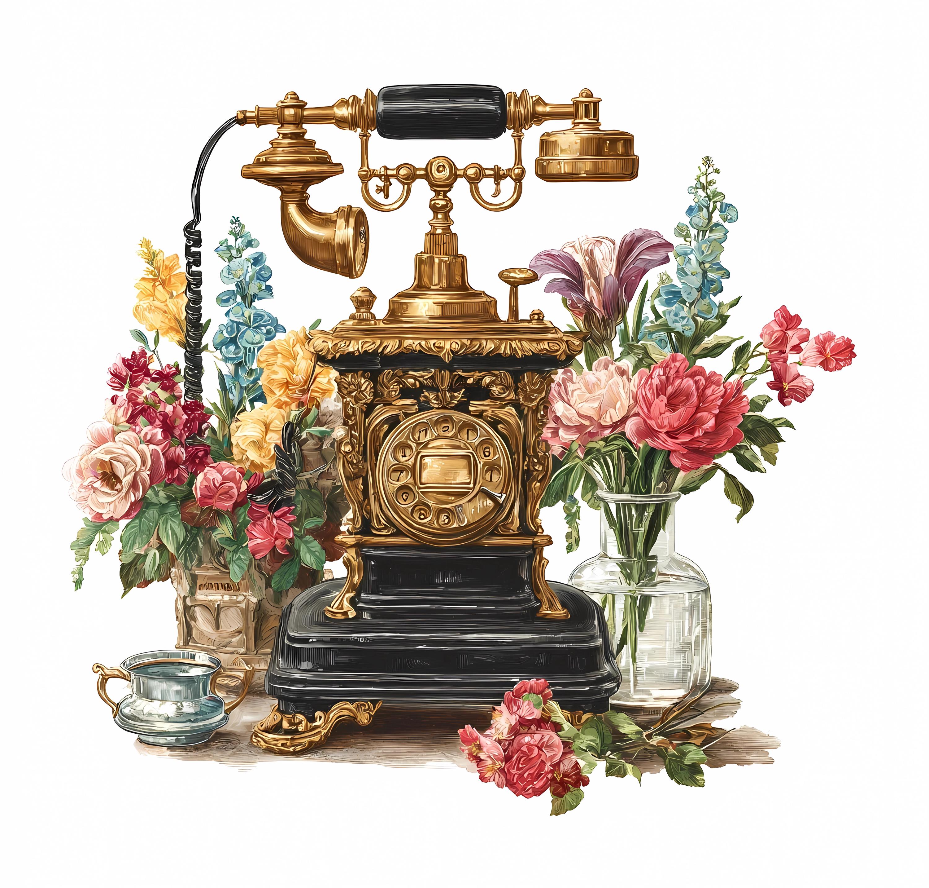 Vintage Telephone and Floral Clipart Bundle Set of 15, Retro Phone ...