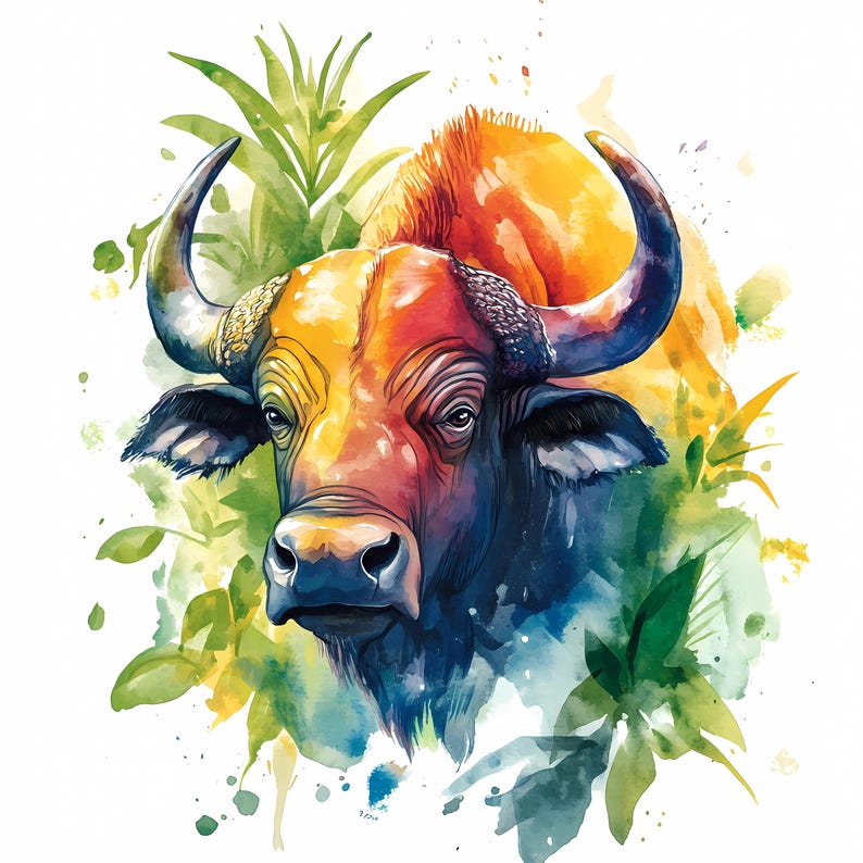 8 Colored Buffalo Clipart, African Buffalo Images, Watercolor Buffalo ...