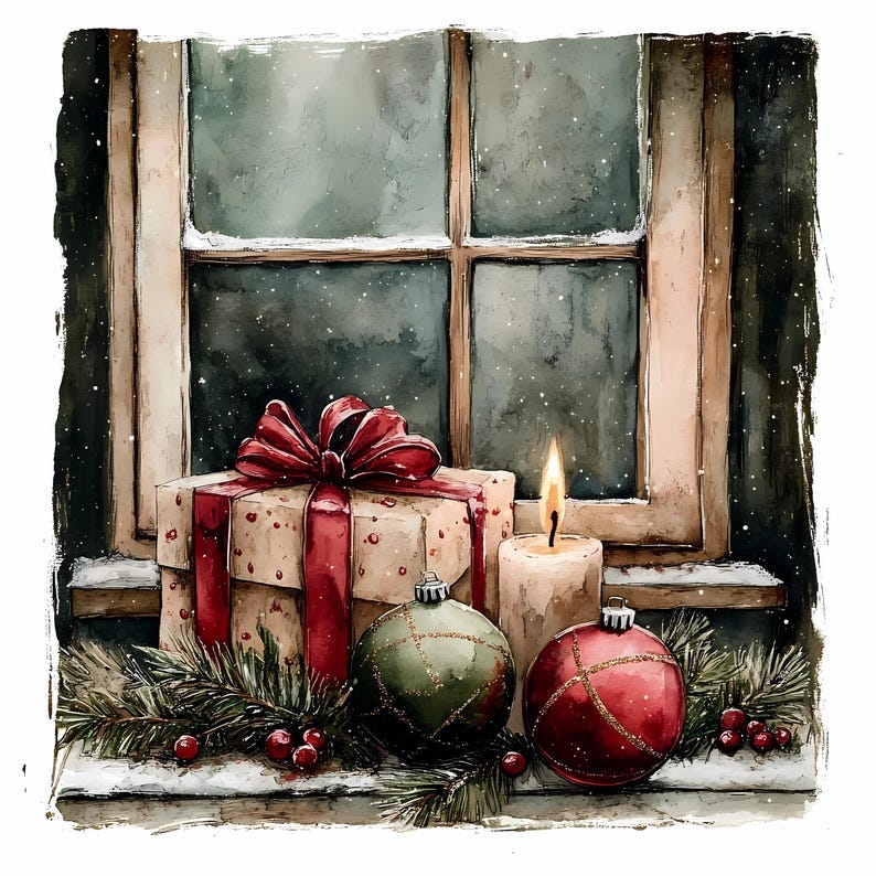 Watercolor Christmas Window PNG Clipart Set of 12: Candle, Gifts ...