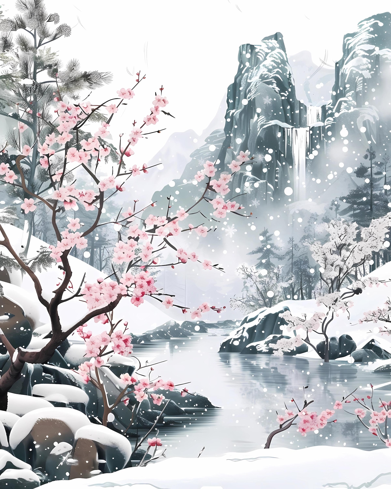 Winter Sakura Waterfall Art: Japanese Cherry Blossom Prints (PNG & JPG ...