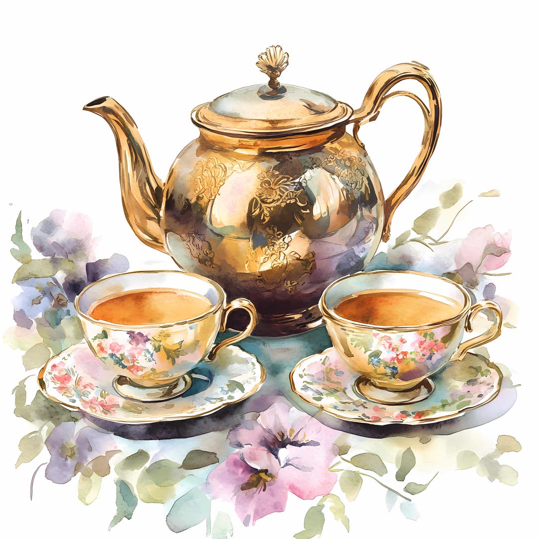 8 Vintage Tea Set Clipart, Floral Tea Set, Printable Watercolor Clipart ...