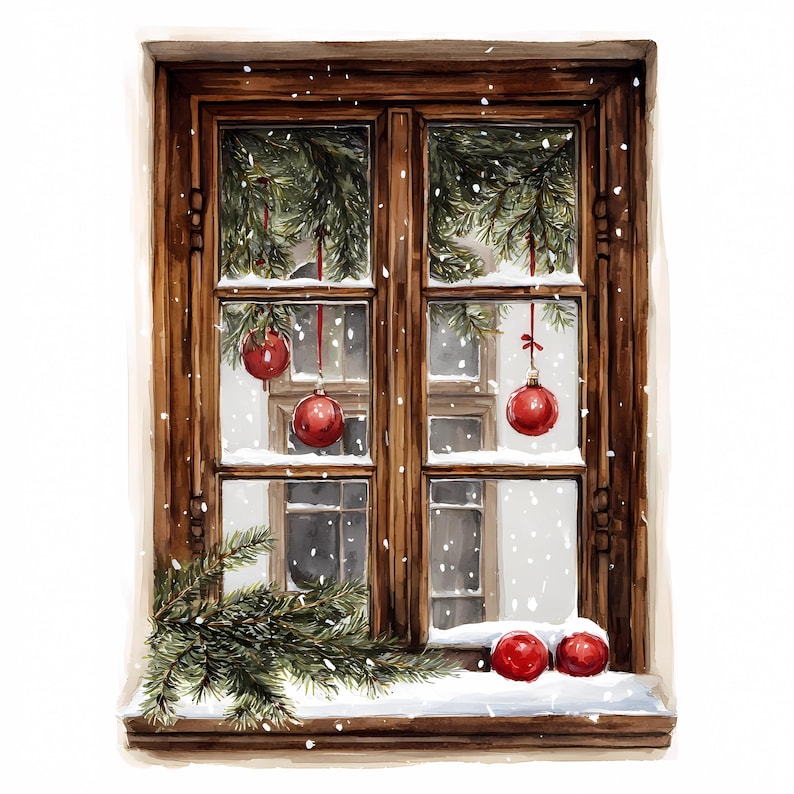 Watercolor Christmas Window Clipart Bundle: Snowy Scene PNG JPG ...