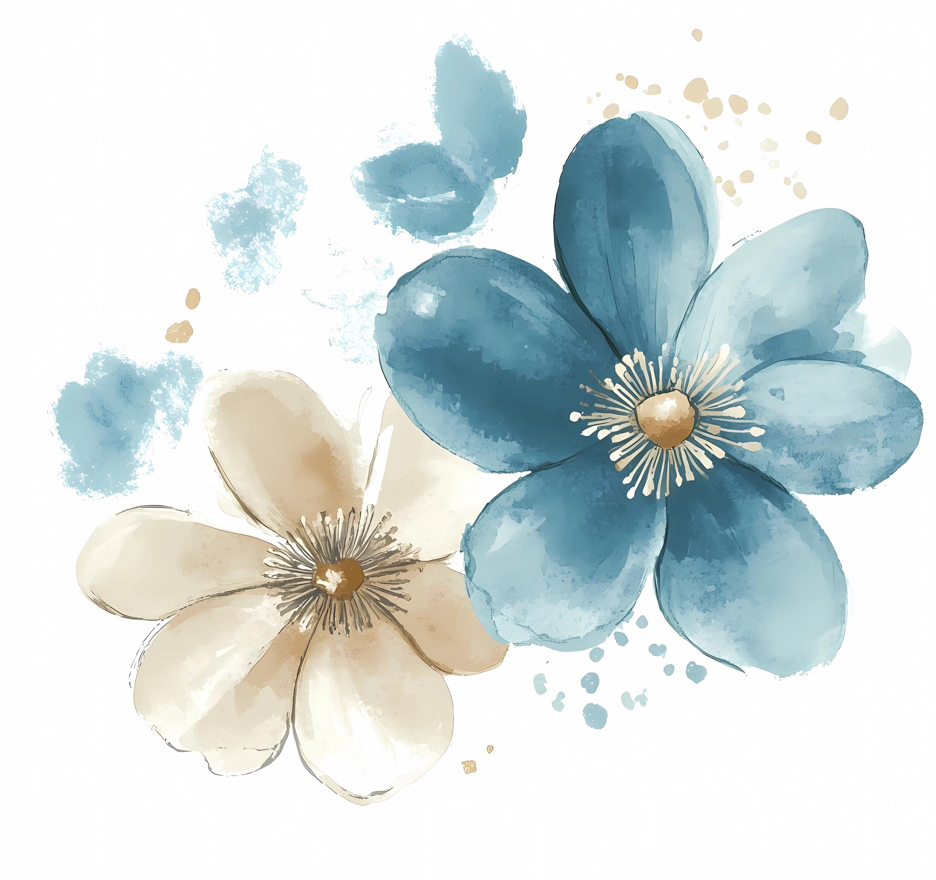 Blue Watercolor Floral Clipart Bundle: PNG & JPG, Botanical Art ...