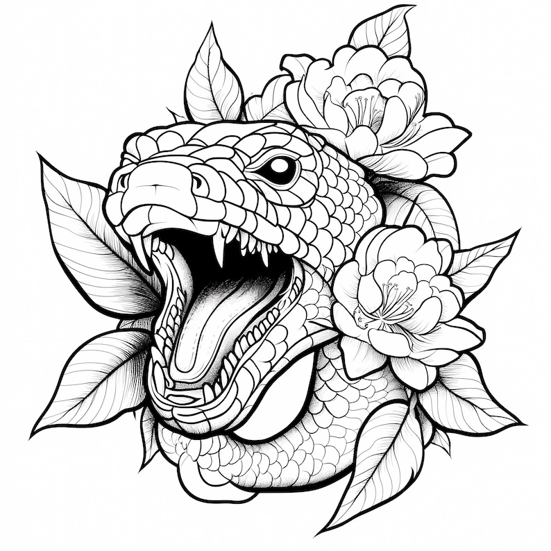 Floral Snake SVG PNG JPG Bundle, Snake Flowers Tattoo Clipart, Snake ...