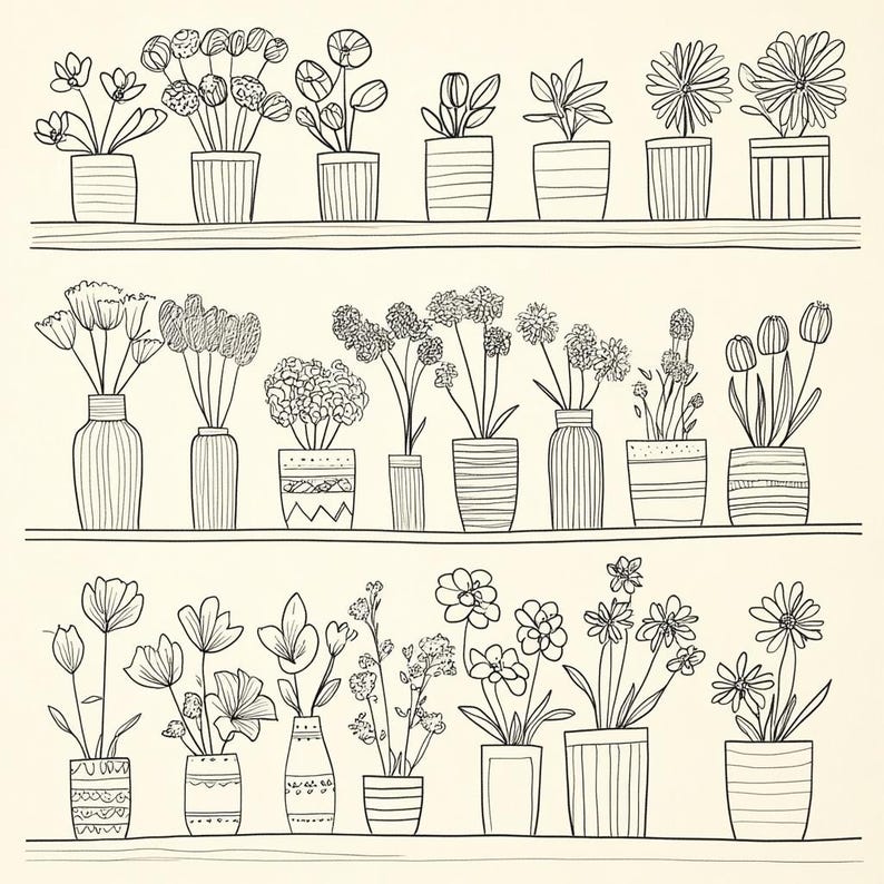 Potted Flowers on Shelves Coloring Pages Set of 15 – Botanical Line Art ...