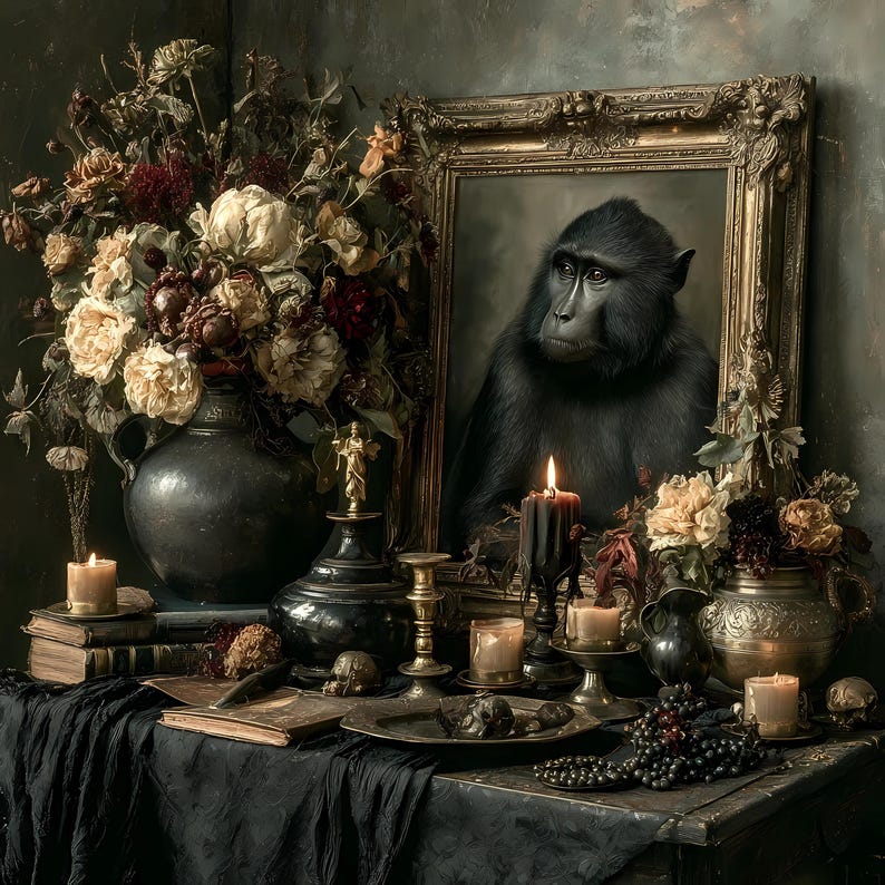 Victorian Monkey Portrait Dark Baroque Floral Still Life Art Bundle ...