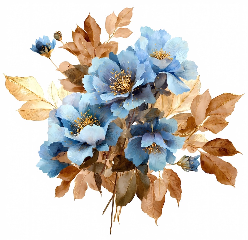 Blue and Gold Watercolor Flowers Clipart: Elegant Floral PNG JPG Bundle ...