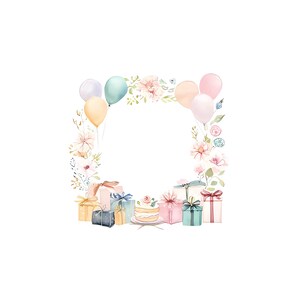 Pastel Birthday Frame Clipart Bundle Set of 14, Balloons, Flowers and ...