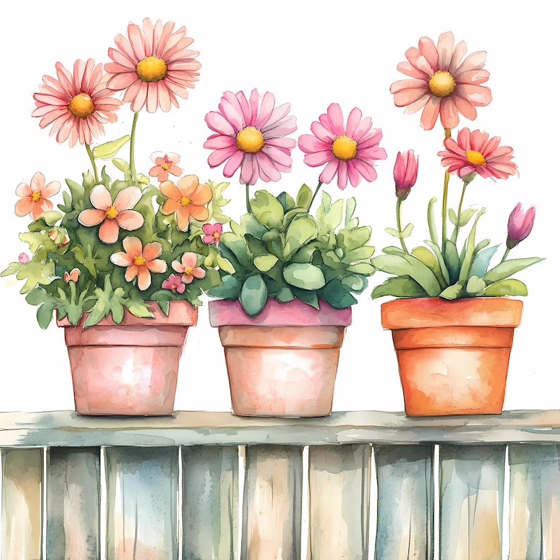 Watercolor Flowerpot Clipart Bundle: Spring Blooms PNG JPG Commercial ...