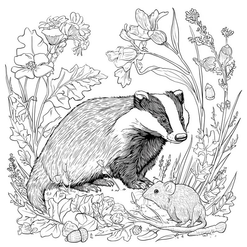 Woodland Badger and Mouse Coloring Page Bundle, Digital Download - Etsy